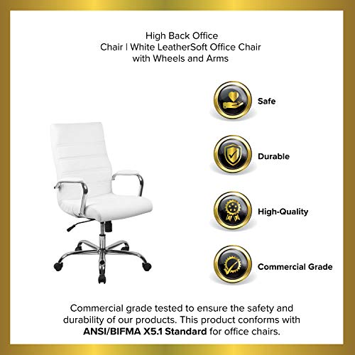 EMMA + OLIVER High Back White LeatherSoft Executive Swivel Office Chair with Chrome Frame/Arms