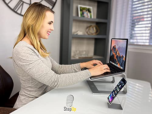 StepUp 2in1 2022 model Laptop Stand For Desk and phone Holder, Docking Ergonomic Aluminum Elevated Stands, Portable Computer Riser, Fits All Raised Devices ipad, Notebook, Macbook Pro 10-17 inch Black