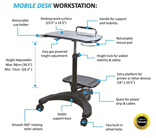 Aidata Ergonomic Sit-Stand Mobile Laptop Cart Work Station with Printer Shelf. with Built in Cup Holder and Mouse Pad. Black (Model: LPD009P)