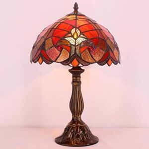 WERFACTORY Tiffany Lamp Red Liaison Stained Glass Table Lamp Desk Bedside Reading Light 12X12X18 Inches Decor Bedroom Living Room Home Office S160R Series