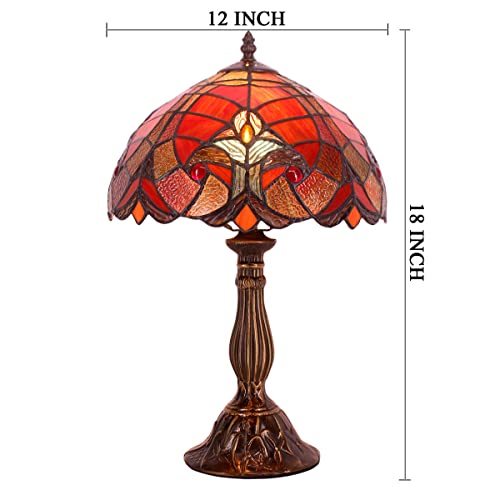 WERFACTORY Tiffany Lamp Red Liaison Stained Glass Table Lamp Desk Bedside Reading Light 12X12X18 Inches Decor Bedroom Living Room Home Office S160R Series