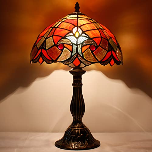 WERFACTORY Tiffany Lamp Red Liaison Stained Glass Table Lamp Desk Bedside Reading Light 12X12X18 Inches Decor Bedroom Living Room Home Office S160R Series