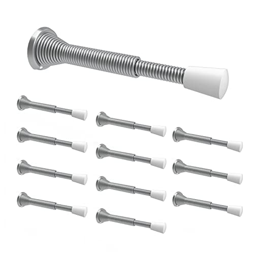 12 Pack Door Stoppers, Extended from 3-Inch to 4inch Spring Door Stop with Rubber Bumper Tips, Prevents Wall &Door Damage, Satin Nickel Finish (Silver)…