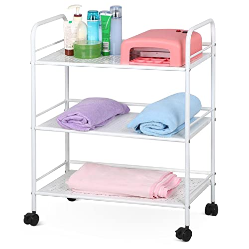 Yaheetech 3 Tier Salon Trolley Cart, Tray and Metal Frame for Salon Spa Medical Office Treatmen, Rolling Service Cart with 3 Shelf, 4 Mobile Casters Base, SPA Tool Holder,White