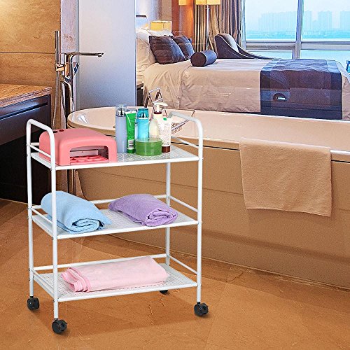 Yaheetech 3 Tier Salon Trolley Cart, Tray and Metal Frame for Salon Spa Medical Office Treatmen, Rolling Service Cart with 3 Shelf, 4 Mobile Casters Base, SPA Tool Holder,White