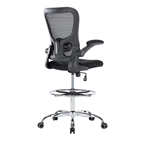 Hramk Ergonomic Office Drafting Desk Chair with Flip up Arms, Mesh Back Tall Office Chair with Adjustable Lumbar Support and Foot Ring (Metal Wheelbase, Black)