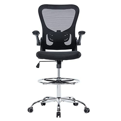 Hramk Ergonomic Office Drafting Desk Chair with Flip up Arms, Mesh Back Tall Office Chair with Adjustable Lumbar Support and Foot Ring (Metal Wheelbase, Black)