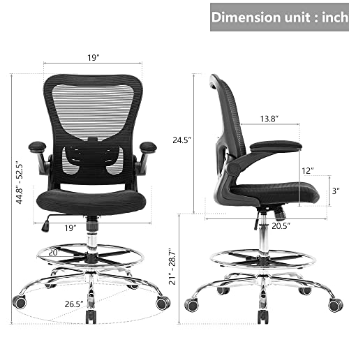 Hramk Ergonomic Office Drafting Desk Chair with Flip up Arms, Mesh Back Tall Office Chair with Adjustable Lumbar Support and Foot Ring (Metal Wheelbase, Black)