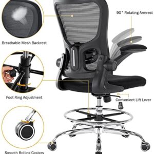 Hramk Ergonomic Office Drafting Desk Chair with Flip up Arms, Mesh Back Tall Office Chair with Adjustable Lumbar Support and Foot Ring (Metal Wheelbase, Black)