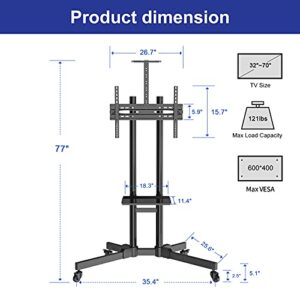 Mobile TV Stand with Wheels for 32-70 inch LED LCD 4K Flat/Curved Screen TVs, UL Certificated Rolling/Floor TV Cart, Height Adjustable TV Trolley with Shelf Up to 121 lbs Max VESA 600x400mm- TC004