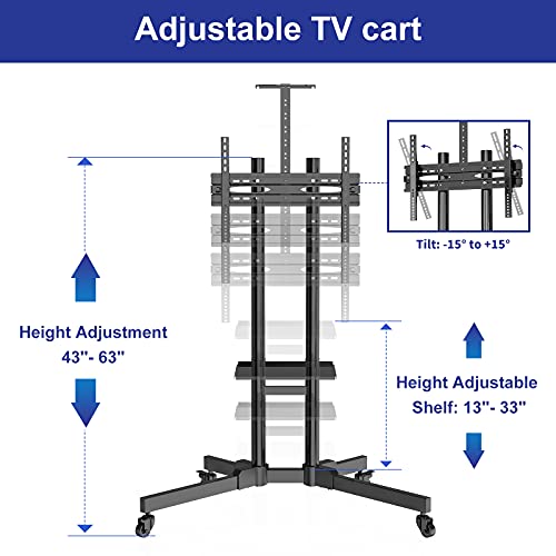 Mobile TV Stand with Wheels for 32-70 inch LED LCD 4K Flat/Curved Screen TVs, UL Certificated Rolling/Floor TV Cart, Height Adjustable TV Trolley with Shelf Up to 121 lbs Max VESA 600x400mm- TC004