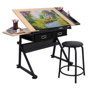 nova microdermabrasion adjustable height drafting desk drawing table tiltable tabletop for reading, writing art craft w/stool and drawers