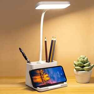 LED Desk Lamp with Pen & Phone holder, USB Rechargeable Book Reading Light,Eye-Caring Study Lamp for Kids, Touch Table Lamp with Flexible Gooseneck for Home,Office,3 Color Modes & Stepless Dimming