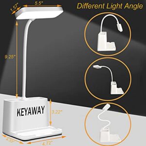 LED Desk Lamp with Pen & Phone holder, USB Rechargeable Book Reading Light,Eye-Caring Study Lamp for Kids, Touch Table Lamp with Flexible Gooseneck for Home,Office,3 Color Modes & Stepless Dimming