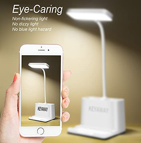 LED Desk Lamp with Pen & Phone holder, USB Rechargeable Book Reading Light,Eye-Caring Study Lamp for Kids, Touch Table Lamp with Flexible Gooseneck for Home,Office,3 Color Modes & Stepless Dimming