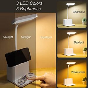 LED Desk Lamp with Pen & Phone holder, USB Rechargeable Book Reading Light,Eye-Caring Study Lamp for Kids, Touch Table Lamp with Flexible Gooseneck for Home,Office,3 Color Modes & Stepless Dimming