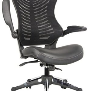 OFFICE FACTOR Executive Ergonomic Office Chair Back Mesh Bonded Leather Seat Flip-up Arms Molded Seat with a 55kg Foam Density Double Handle Mechanism You Can Lock The Back in Any Position (Black)