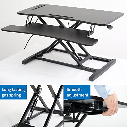 Height Adjustable Standing Desk Converter with USB, USB-C and Electric Plugs [Dual Monitor/Laptop Desk Riser with Keyboard Tray] Gas Spring Sit to Stand Workstation [Adjustable Desk for Home Office]