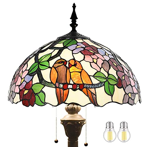 WERFACTORY Tiffany Floor Lamp Red Amber Tulip Flower Stained Glass Standing Reading Light 16X16X64 Inches Antique Pole Corner Lamp Decor Bedroom Living Room Home Office S030 Series