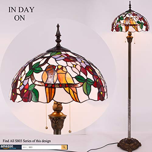 WERFACTORY Tiffany Floor Lamp Red Amber Tulip Flower Stained Glass Standing Reading Light 16X16X64 Inches Antique Pole Corner Lamp Decor Bedroom Living Room Home Office S030 Series