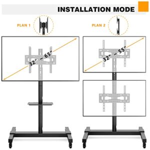 5Rcom Rolling / Mobile TV Cart with Wheels for 32 to 55 Inch LCD LED 4K Flat Curved Screen Vertical TVs-Height Adjustable Screen Tilt Rolling TV Stand for 2 TVs with Laptop Shelf Holds Up to 132 lbs