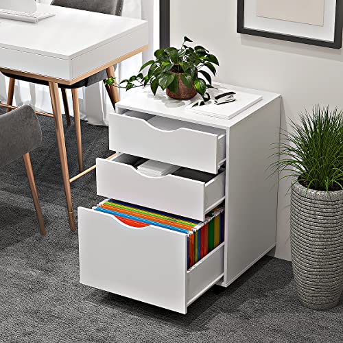 WOODWORTH 3 Drawers Storage Cabinet, Wooden Mobile Filing Cabinet for Mini Printer Stand, with Lockable Casters, for Home Office (3-Drawers, White)