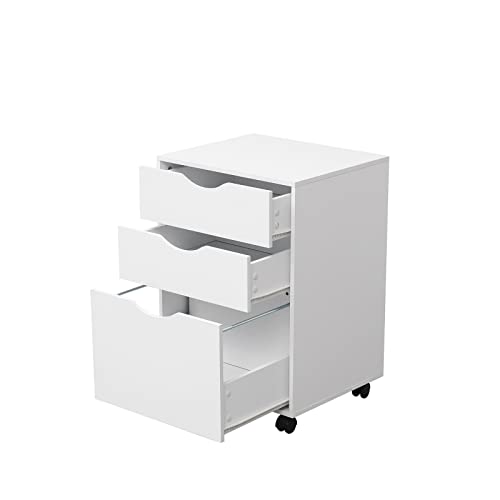 WOODWORTH 3 Drawers Storage Cabinet, Wooden Mobile Filing Cabinet for Mini Printer Stand, with Lockable Casters, for Home Office (3-Drawers, White)