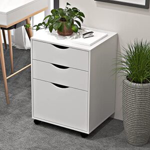 WOODWORTH 3 Drawers Storage Cabinet, Wooden Mobile Filing Cabinet for Mini Printer Stand, with Lockable Casters, for Home Office (3-Drawers, White)