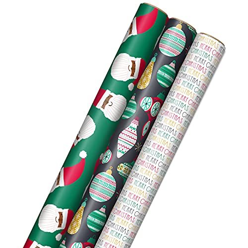 Hallmark Christmas Wrapping Paper for Kids with Cut Lines on Reverse (3 Rolls: 120 Sq. Ft. Ttl.) Multicultural Santa Claus, Ornaments on Black, "Merry Christmas" in Red, Green and Yellow