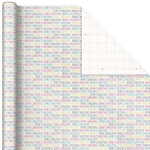 Hallmark Christmas Wrapping Paper for Kids with Cut Lines on Reverse (3 Rolls: 120 Sq. Ft. Ttl.) Multicultural Santa Claus, Ornaments on Black, "Merry Christmas" in Red, Green and Yellow