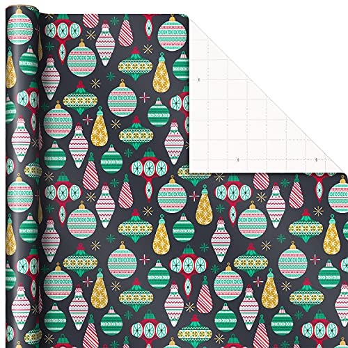 Hallmark Christmas Wrapping Paper for Kids with Cut Lines on Reverse (3 Rolls: 120 Sq. Ft. Ttl.) Multicultural Santa Claus, Ornaments on Black, "Merry Christmas" in Red, Green and Yellow