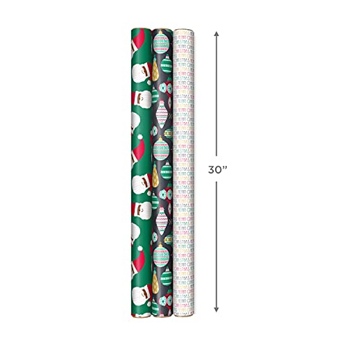 Hallmark Christmas Wrapping Paper for Kids with Cut Lines on Reverse (3 Rolls: 120 Sq. Ft. Ttl.) Multicultural Santa Claus, Ornaments on Black, "Merry Christmas" in Red, Green and Yellow