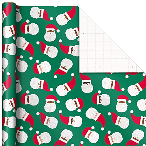 Hallmark Christmas Wrapping Paper for Kids with Cut Lines on Reverse (3 Rolls: 120 Sq. Ft. Ttl.) Multicultural Santa Claus, Ornaments on Black, "Merry Christmas" in Red, Green and Yellow