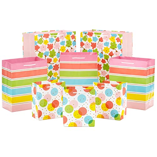 Hallmark Spring Gift Bags in Assorted Sizes (8 Bags: 3 Small 6", 3 Medium 9", 2 Large 13") Polka Dots, Rainbow Stripes, Flowers for Birthdays, Easter, Baby Showers, Gender Reveal Parties