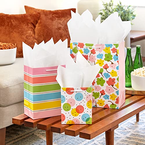 Hallmark Spring Gift Bags in Assorted Sizes (8 Bags: 3 Small 6", 3 Medium 9", 2 Large 13") Polka Dots, Rainbow Stripes, Flowers for Birthdays, Easter, Baby Showers, Gender Reveal Parties