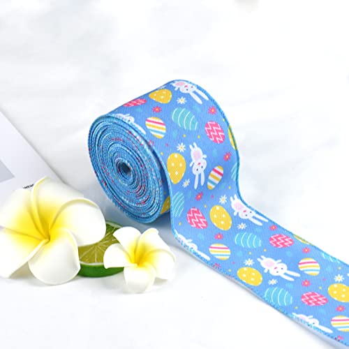 Easter Ribbon for Gift Wrapping DIY Crafts Decoration, Spring Easter Bunny Eggs Printed Wired Edge Ribbons, 2.5" x 10 Yards, Blue