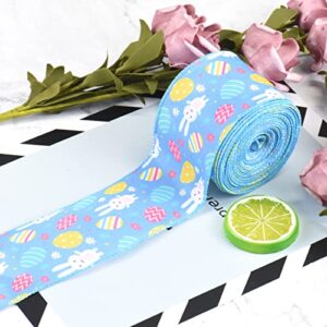 Easter Ribbon for Gift Wrapping DIY Crafts Decoration, Spring Easter Bunny Eggs Printed Wired Edge Ribbons, 2.5" x 10 Yards, Blue