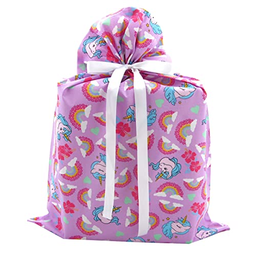 VZWraps Unicorn and Rainbows Reusable Fabric Gift Bag for Birthdays, Baby Showers, or Any Occasion (Large, 20 Inches Wide by 27 Inches High)