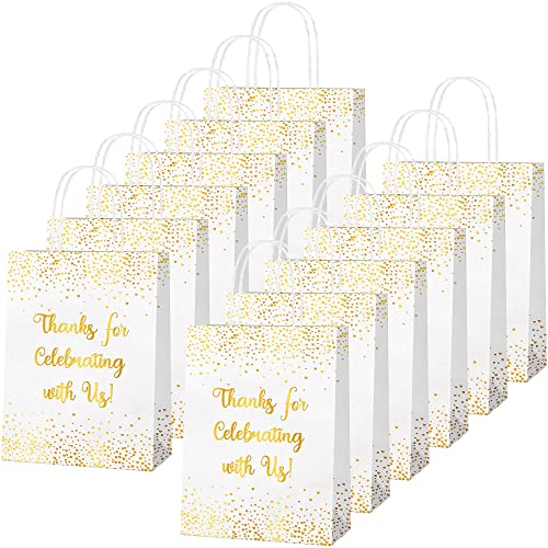 MIMIND 36 Pieces Wedding Welcome Gift Bags for Hotel Guests, Thanks for Celebrating with Us Gold Foil Party Favor Bags with Handles for Wedding, Birthday, Baby Shower (White, 10 x 8 x 3 Inches)