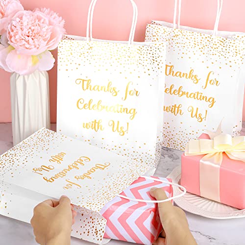 MIMIND 36 Pieces Wedding Welcome Gift Bags for Hotel Guests, Thanks for Celebrating with Us Gold Foil Party Favor Bags with Handles for Wedding, Birthday, Baby Shower (White, 10 x 8 x 3 Inches)