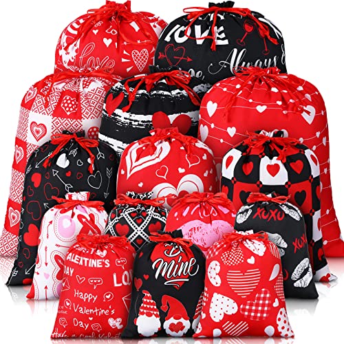 36 Pieces Large Wedding Drawstring Bags Heart Gift Wrapping Bags Candy Wedding Cookie Bags for Wedding Party Favors Bridal Shower, Assorted Sizes and Designs