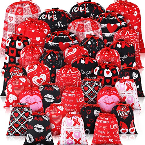 36 Pieces Large Wedding Drawstring Bags Heart Gift Wrapping Bags Candy Wedding Cookie Bags for Wedding Party Favors Bridal Shower, Assorted Sizes and Designs