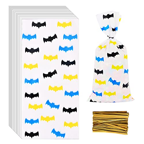 Lecpeting 100 Pcs Bat Treat Bags Bat Print Cellophane Candy Bags Plastic Goodie Storage Bags Bat Hero Party Favor Bags with Twist Ties for Kids Hero Theme Birthday Party Supplies