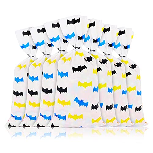 Lecpeting 100 Pcs Bat Treat Bags Bat Print Cellophane Candy Bags Plastic Goodie Storage Bags Bat Hero Party Favor Bags with Twist Ties for Kids Hero Theme Birthday Party Supplies