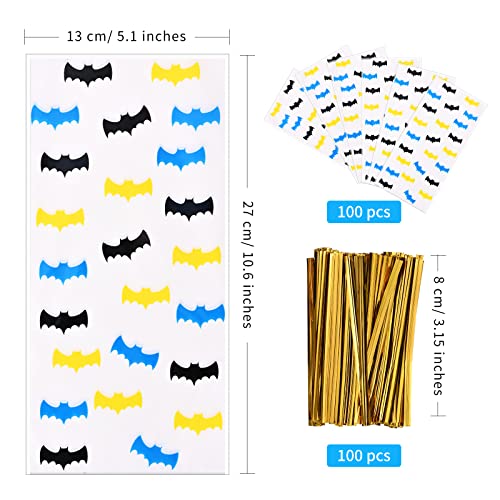 Lecpeting 100 Pcs Bat Treat Bags Bat Print Cellophane Candy Bags Plastic Goodie Storage Bags Bat Hero Party Favor Bags with Twist Ties for Kids Hero Theme Birthday Party Supplies