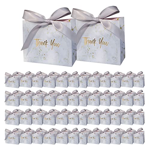 TTSITG 50 Pack Thank You Mini Bags, 4.5" x 1.8" x 3.9" Marbled Candy Box Gift Grey Thank You Box Cardboard Gift Boxes Small Party Favor Bags With Bow Ribbon Suitable for Anniverary