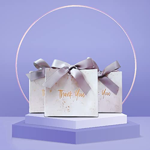 TTSITG 50 Pack Thank You Mini Bags, 4.5" x 1.8" x 3.9" Marbled Candy Box Gift Grey Thank You Box Cardboard Gift Boxes Small Party Favor Bags With Bow Ribbon Suitable for Anniverary