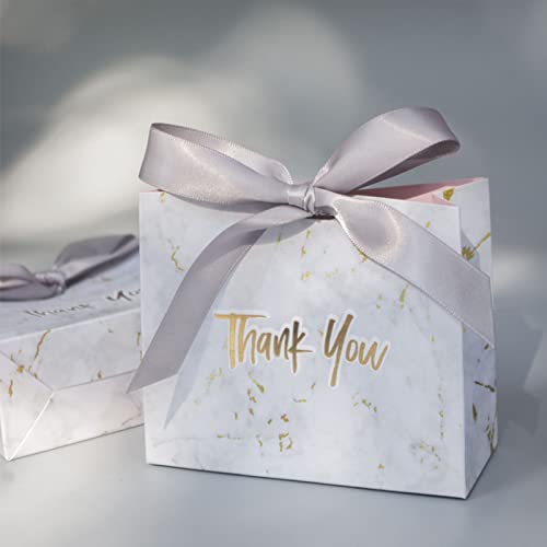 TTSITG 50 Pack Thank You Mini Bags, 4.5" x 1.8" x 3.9" Marbled Candy Box Gift Grey Thank You Box Cardboard Gift Boxes Small Party Favor Bags With Bow Ribbon Suitable for Anniverary