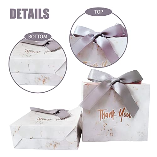 TTSITG 50 Pack Thank You Mini Bags, 4.5" x 1.8" x 3.9" Marbled Candy Box Gift Grey Thank You Box Cardboard Gift Boxes Small Party Favor Bags With Bow Ribbon Suitable for Anniverary