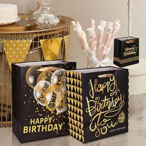 Whaline 10 Pack Birthday Gift Bag, Black Gold Party Favor Bags with Ribbon Handle and 24 Sheets Tissue Paper, Happy Birthday Treat Goodie Bags for Birthday Baby Shower Party Supplies (5 Sizes)